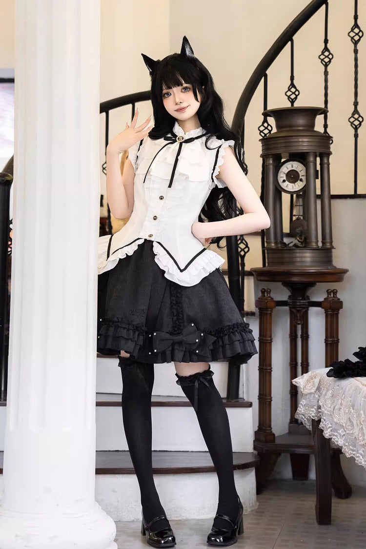 Black/White [Miss Black Cat] Sleeveless Printed Ruffled Sweet Princes ...