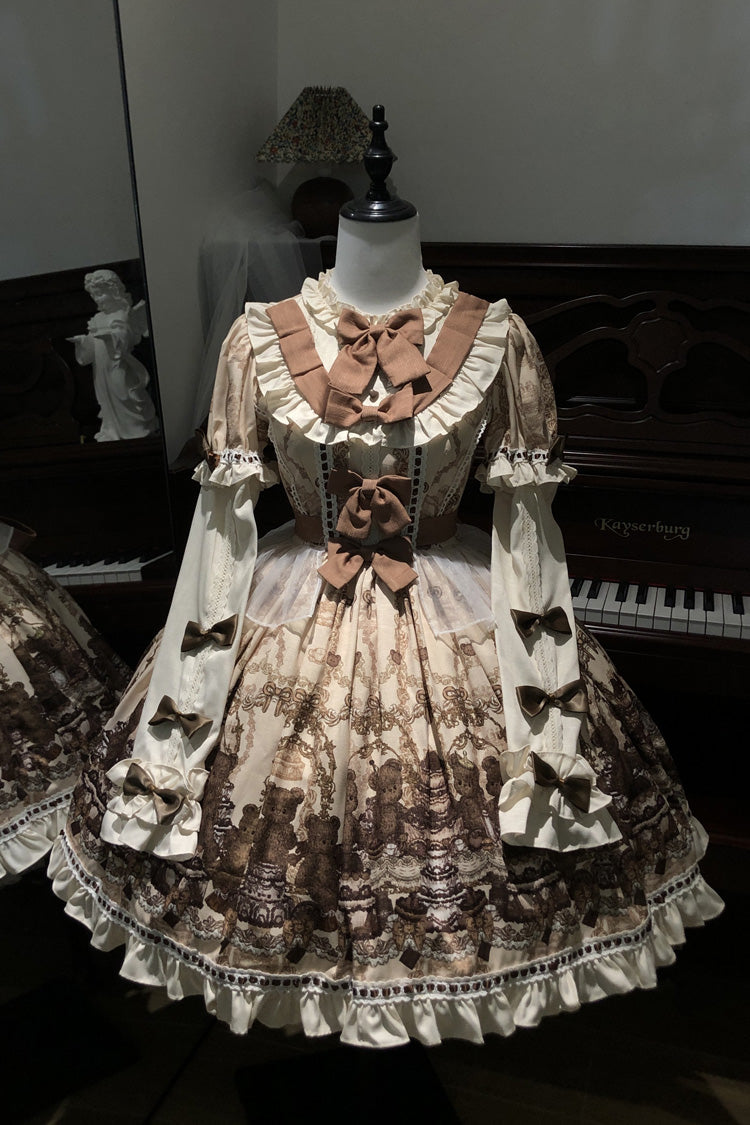 Brown [Teddy Bear Party] Round Collar Short Sleeves Printed Ruffled Bow ...