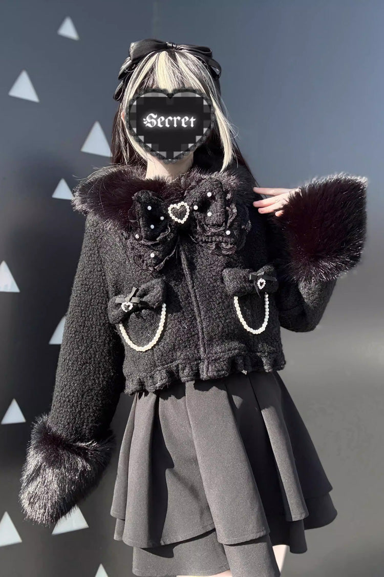 Black Long Sleeves Bow Sheep Wool Gothic Jirai Kei Japanese Short Coat ...