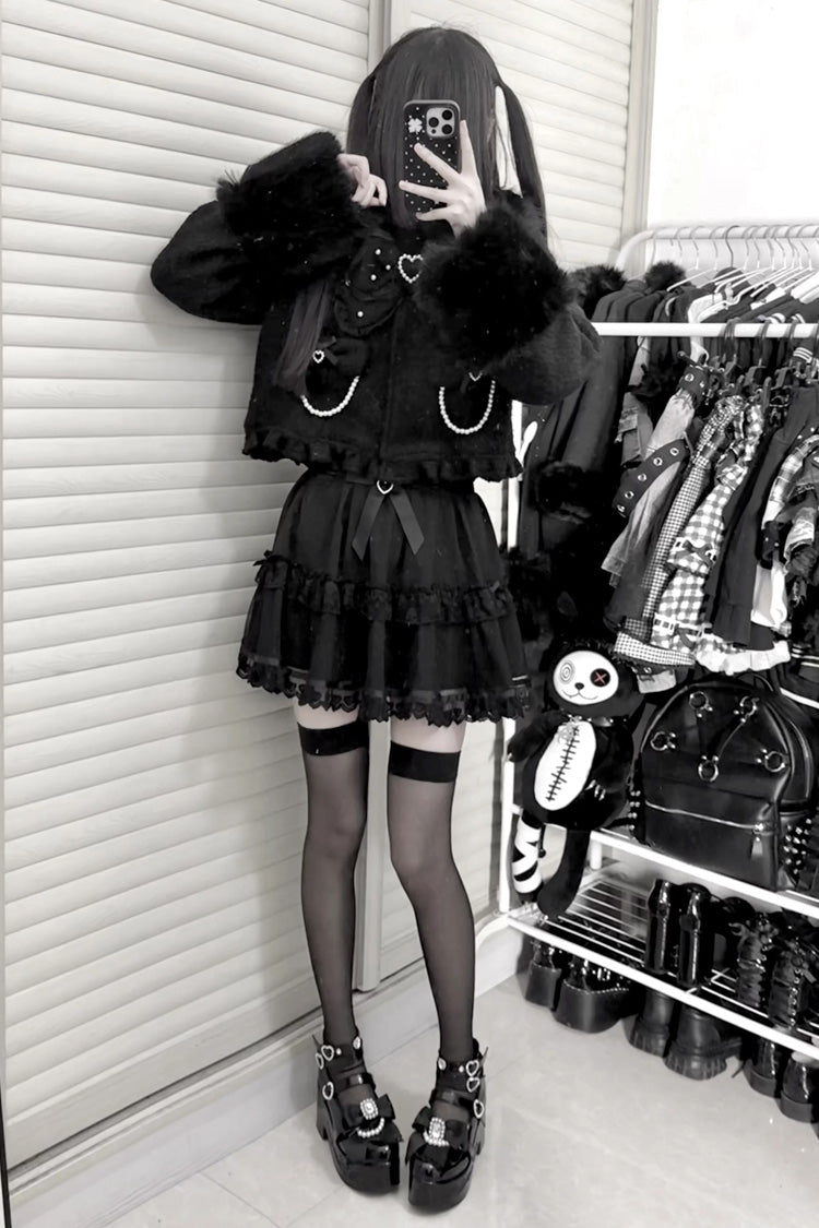 Black Long Sleeves Bow Sheep Wool Gothic Jirai Kei Japanese Short Coat ...