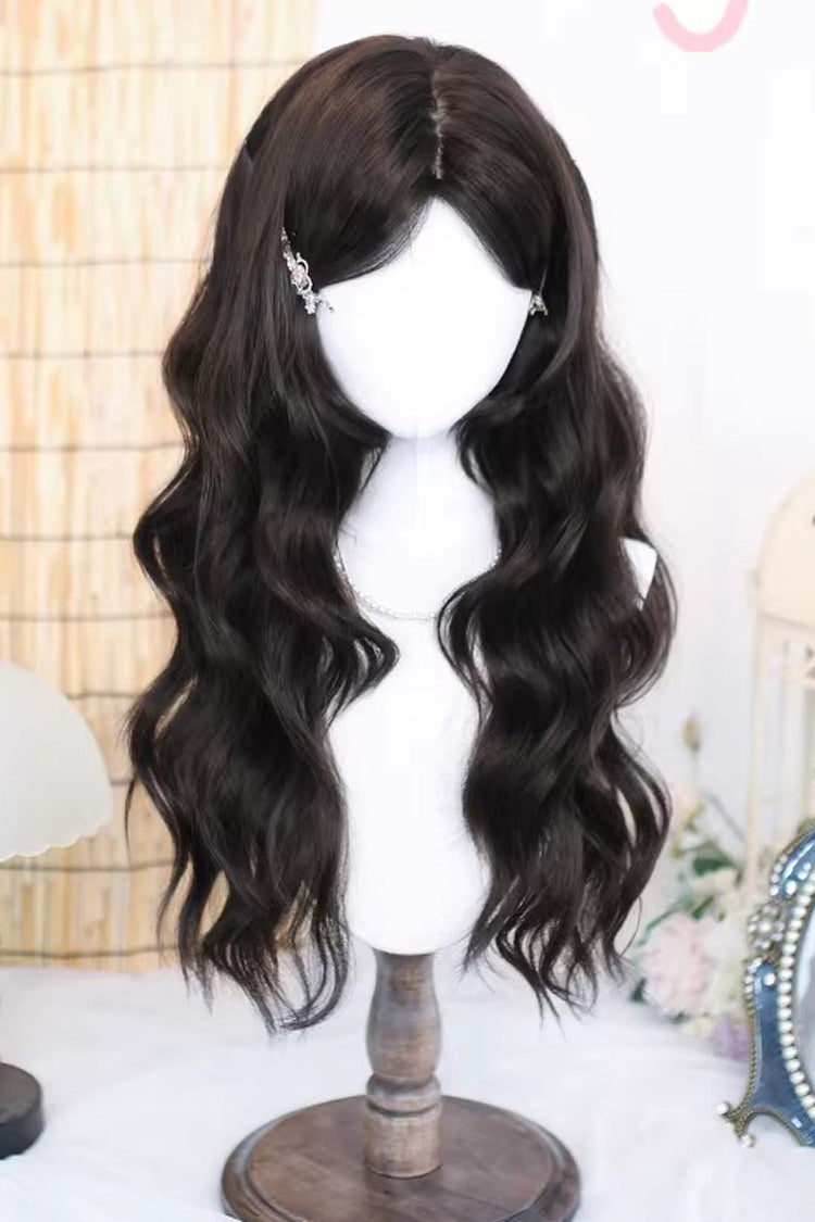 Black Tea Middle-Parted Natural Daily Sweet Japanese Lolita Long Curl ...