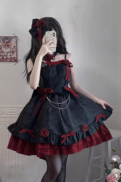 Red/Black Print Ruffle Bowknot Gothic Princess Lolita Jsk Dress – LolitaInside