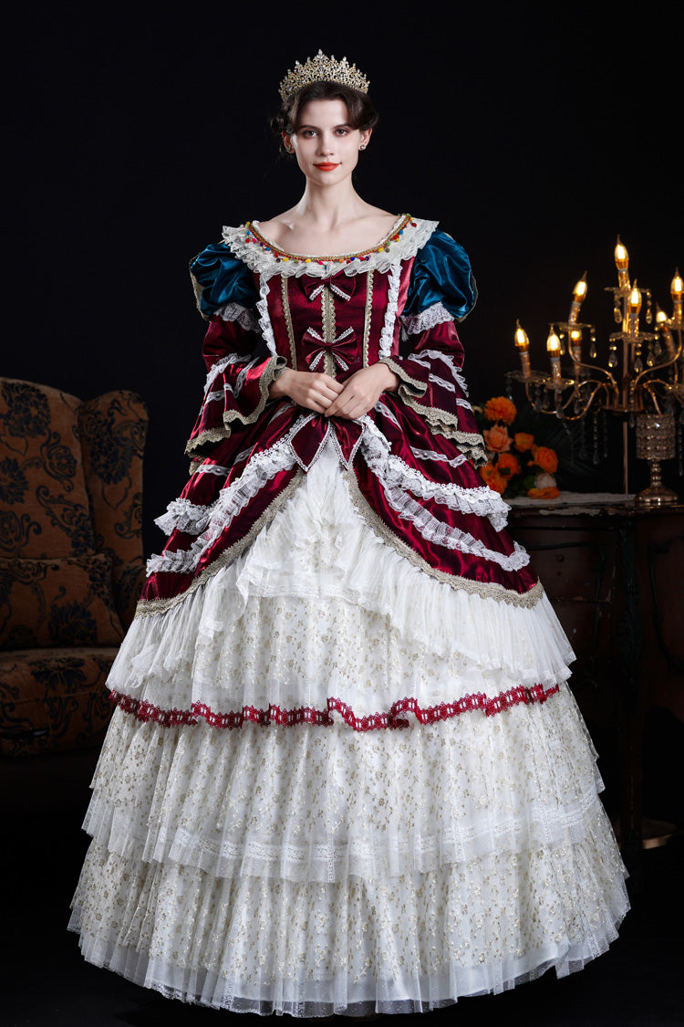 Wine/Ivory Round Collar Long Hime Sleeves Triple-Layered Ruffled Open ...