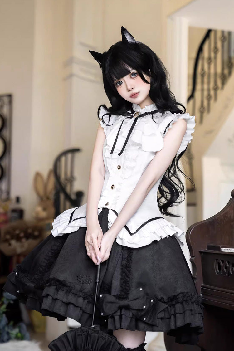 Black/White [Miss Black Cat] Sleeveless Printed Ruffled Sweet Princes ...
