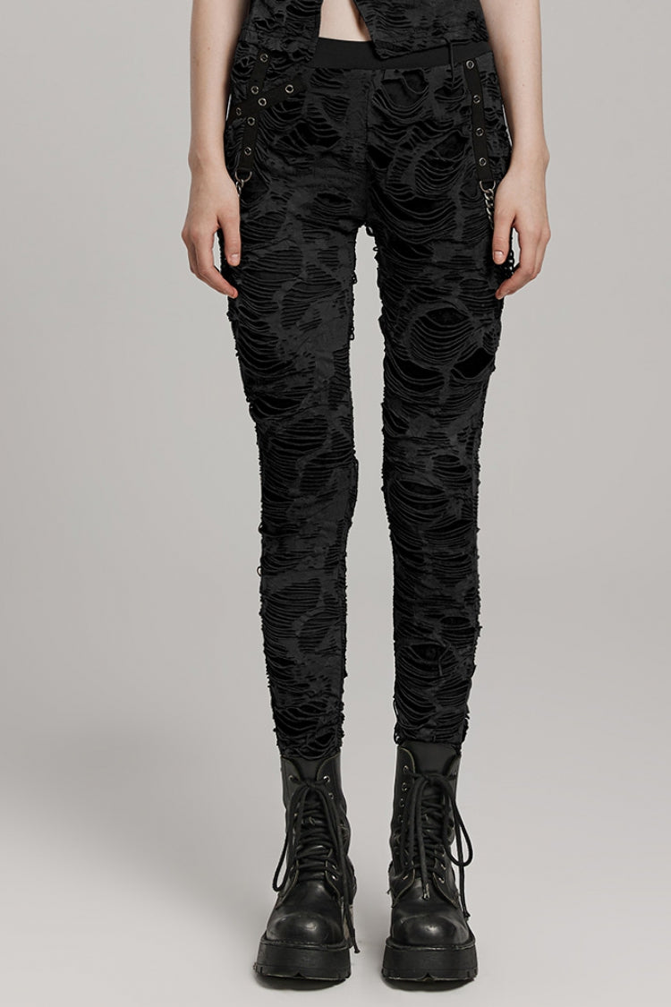 Slim Ripped Eyelet Chain Women's Steampunk Leggings 2 Colors – LolitaInside