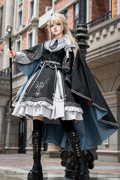 Black/Blue [Dark Knight Contract] Print Ruffle Gothic Military Elegan ...