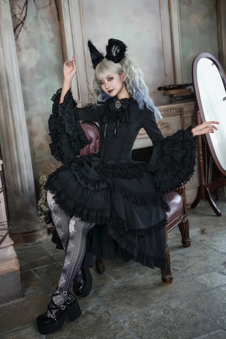 Black [Immortal Phoenix] Long Hime Sleeves Multi-Layered Ruffled Bow ...