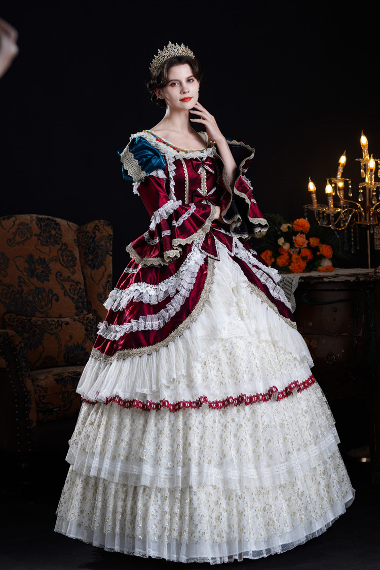 Wine/Ivory Round Collar Long Hime Sleeves Triple-Layered Ruffled Open ...