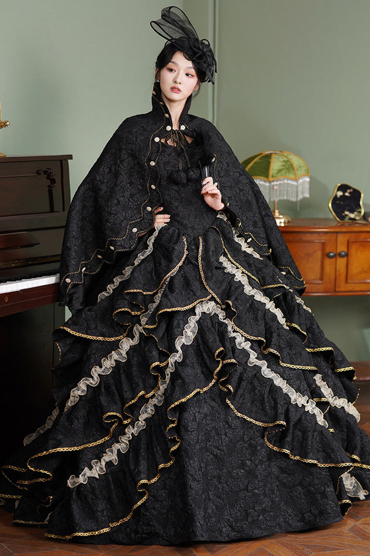 Black Square Collar Half Trumpet Sleeves Ruffled Open-Front Lace Goth ...