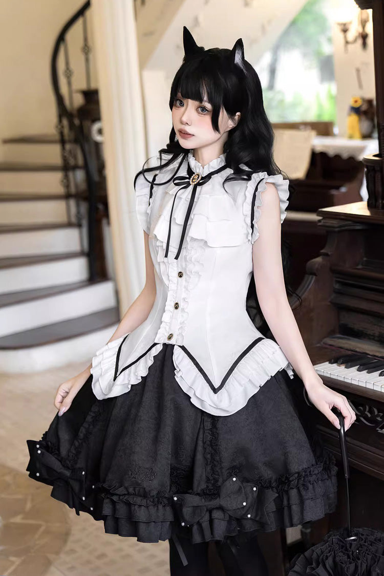 Black/White [Miss Black Cat] Sleeveless Printed Ruffled Sweet Princes ...