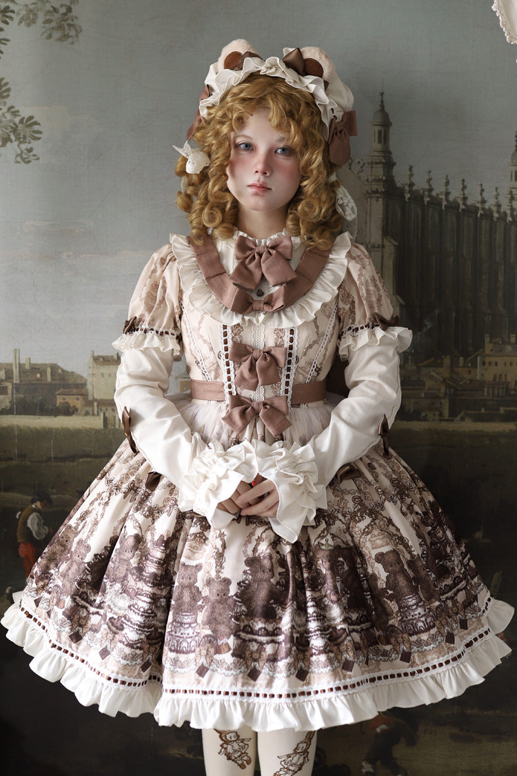 Brown [Teddy Bear Party] Round Collar Short Sleeves Printed Ruffled Bow ...