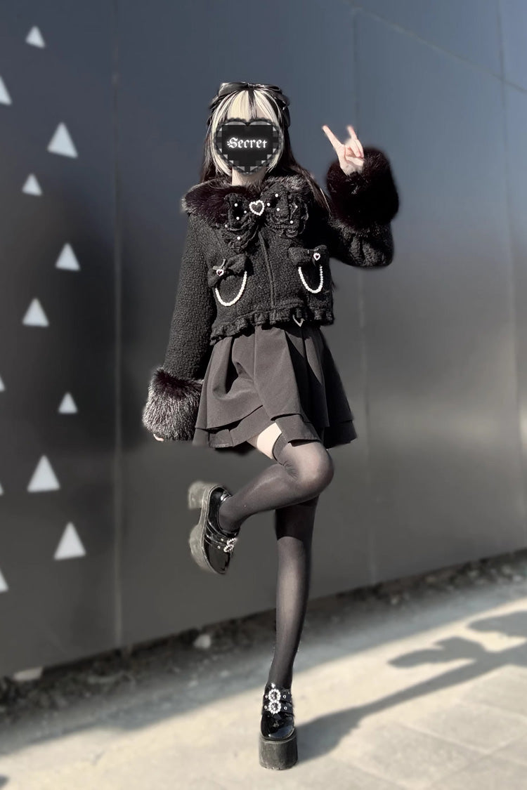 Black Long Sleeves Bow Sheep Wool Gothic Jirai Kei Japanese Short Coat ...