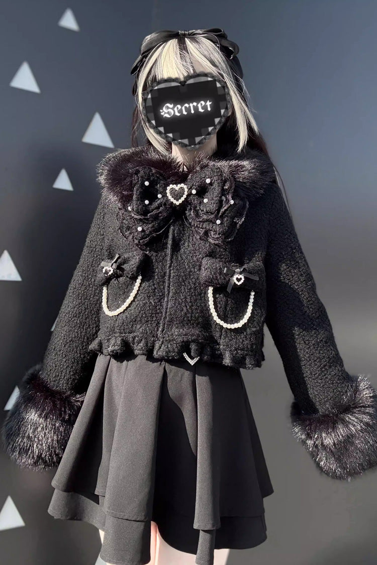 Black Long Sleeves Bow Sheep Wool Gothic Jirai Kei Japanese Short Coat ...