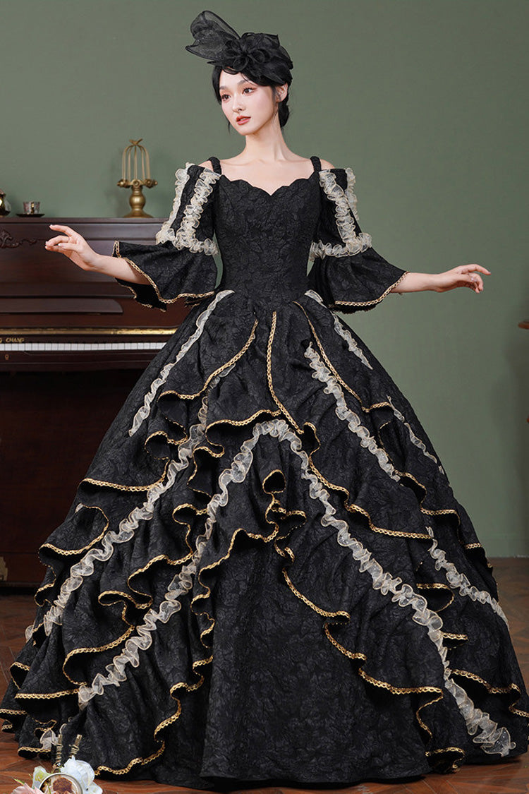 Black Square Collar Half Trumpet Sleeves Ruffled Open-Front Lace Goth ...