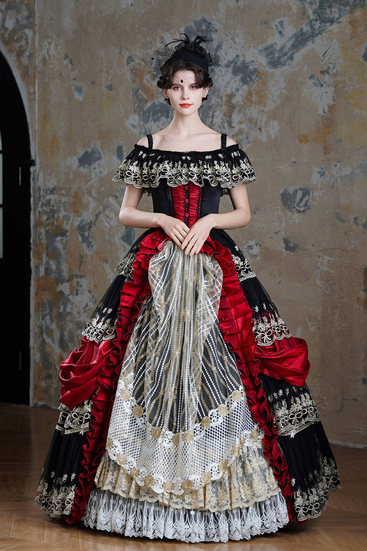 Black/Red Off Shoulder Short Sleeves Multi-Layered Ruffled Open-Front ...