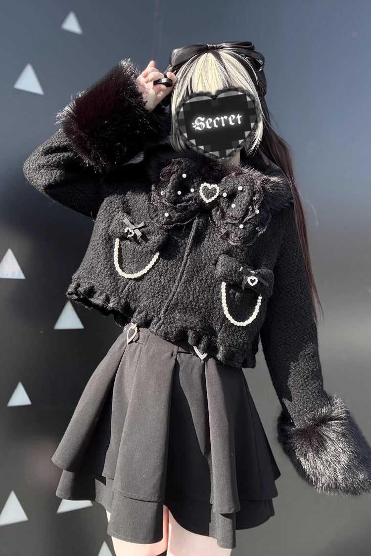 Black Long Sleeves Bow Sheep Wool Gothic Jirai Kei Japanese Short Coat ...